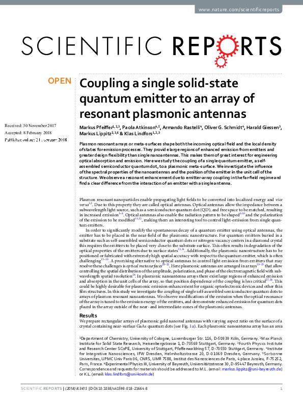 (PDF) Coupling a single solid-state quantum emitter to an array of resonant plasmonic antennas