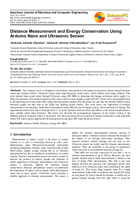 (PDF) Distance Measurement and Energy Conservation Using Arduino Nano and Ultrasonic Sensor