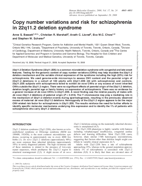 (PDF) Copy number variations and risk for schizophrenia in 22q11.2 ...