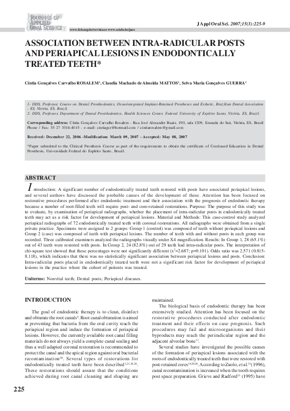 (PDF) Association between intra-radicular posts and periapical lesions ...
