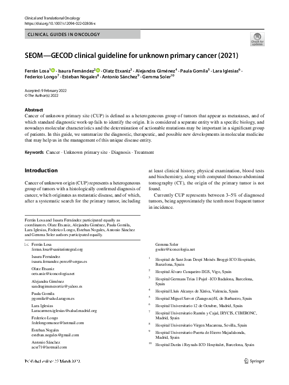 (PDF) SEOM—GECOD clinical guideline for unknown primary cancer (2021)