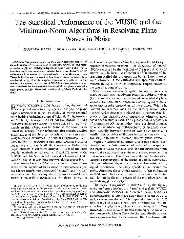 Pdf The Statistical Performance Of The Music And The Minimum Norm Algorithms In Resolving