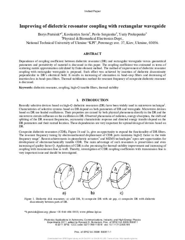 (PDF) Improving of dielectric resonator coupling with rectangular waveguide