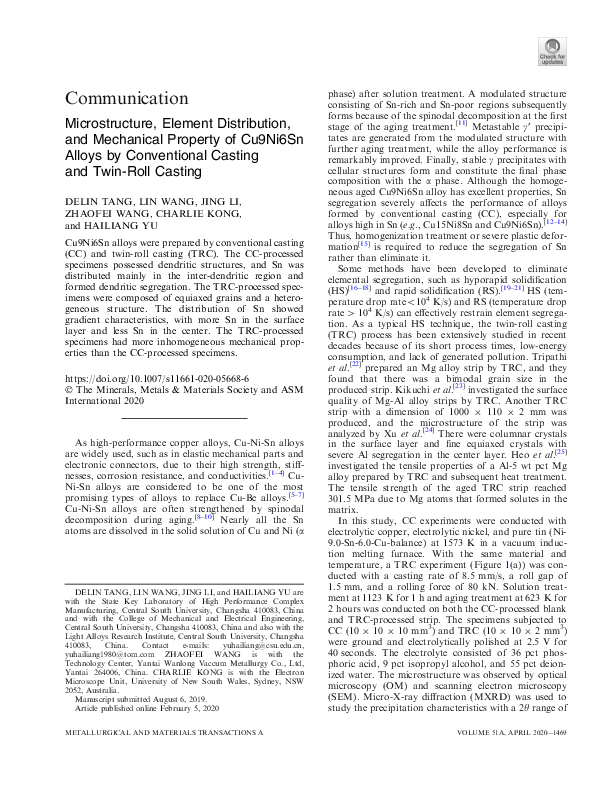 (PDF) Microstructure, Element Distribution, and Mechanical Property of Cu9Ni6Sn Alloys by ...
