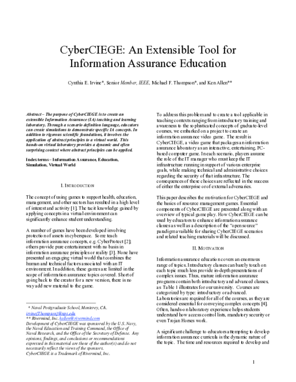 (PDF) CyberCIEGE: an extensible tool for information assurance education