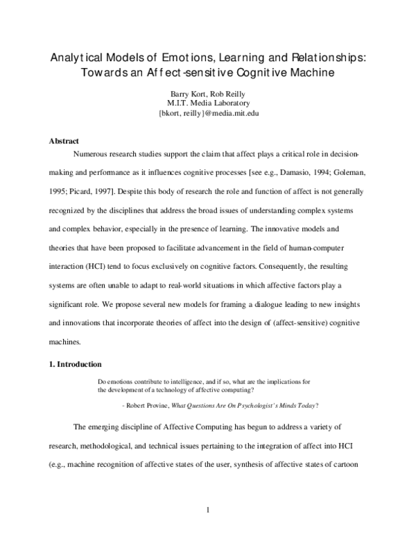 (PDF) Analytical models of emotions, learning and relationships: towards an affect-sensitive ...
