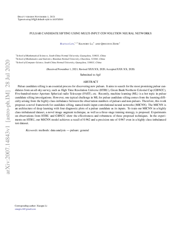 Pdf Pulsar Candidate Sifting Using Multi Input Convolution Neural Networks