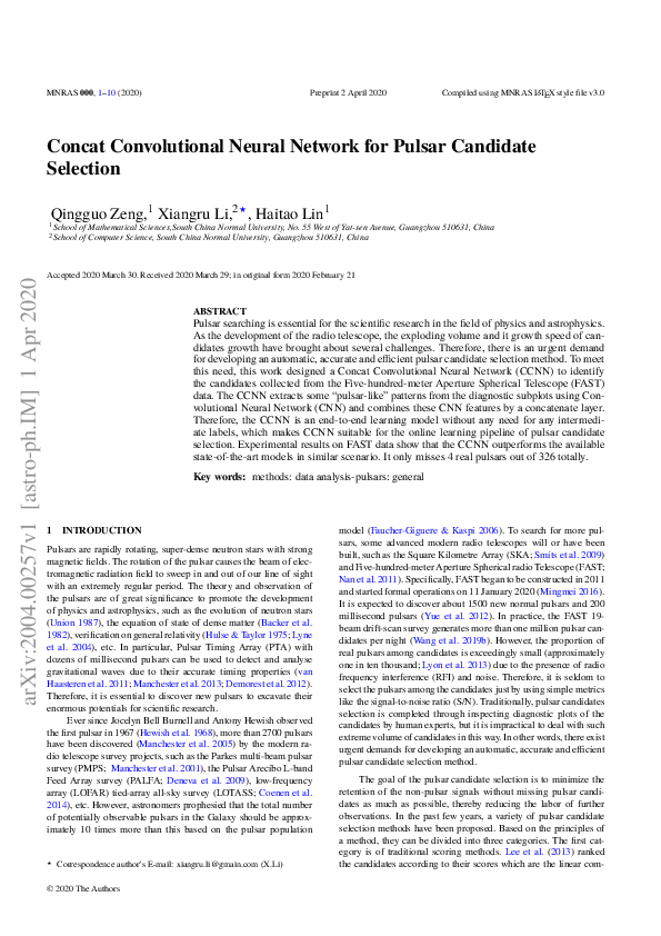 (PDF) Concat Convolutional Neural Network for pulsar candidate selection
