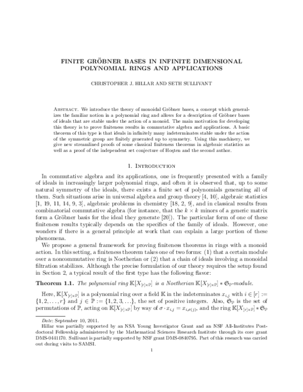 (PDF) Finite Gröbner bases in infinite dimensional polynomial rings and applications