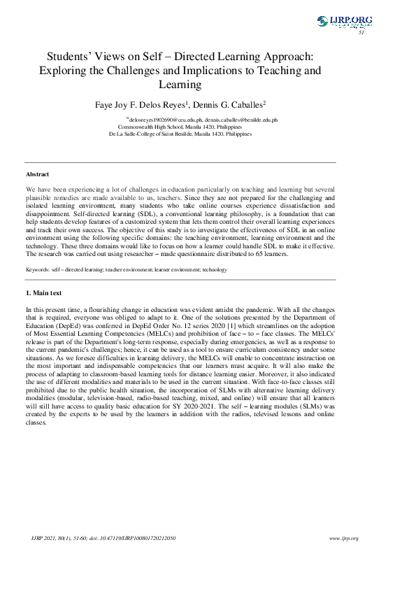 (PDF) Students’ Views on Self – Directed Learning Approach: Exploring the Challenges and ...
