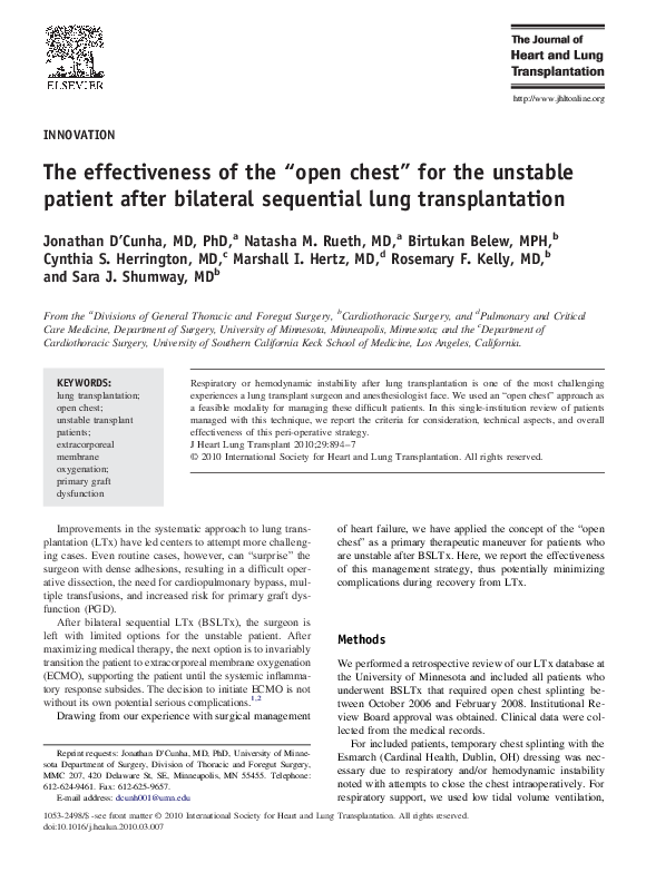 (PDF) The effectiveness of the “open chest” for the unstable patient after bilateral sequential ...