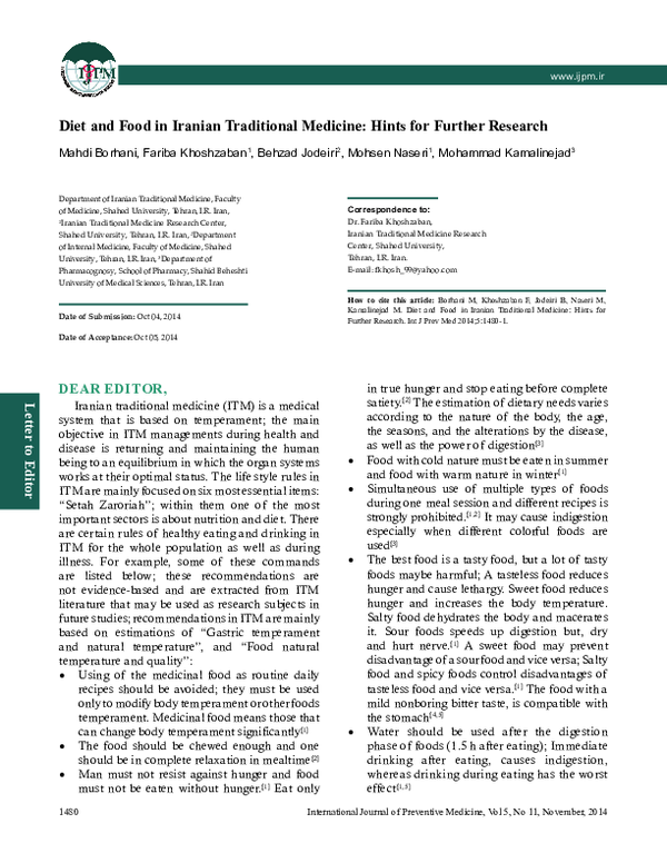 (PDF) Diet and food in Iranian traditional medicine: hints for further ...