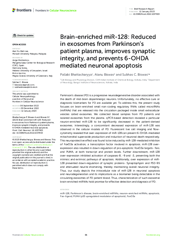 (PDF) Brain-enriched miR-128: Reduced in exosomes from Parkinson’s ...
