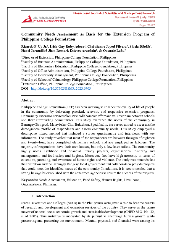 (PDF) COMMUNITY NEEDS ASSESSMENT AS BASIS FOR THE EXTENSION PROGRAM OF ...