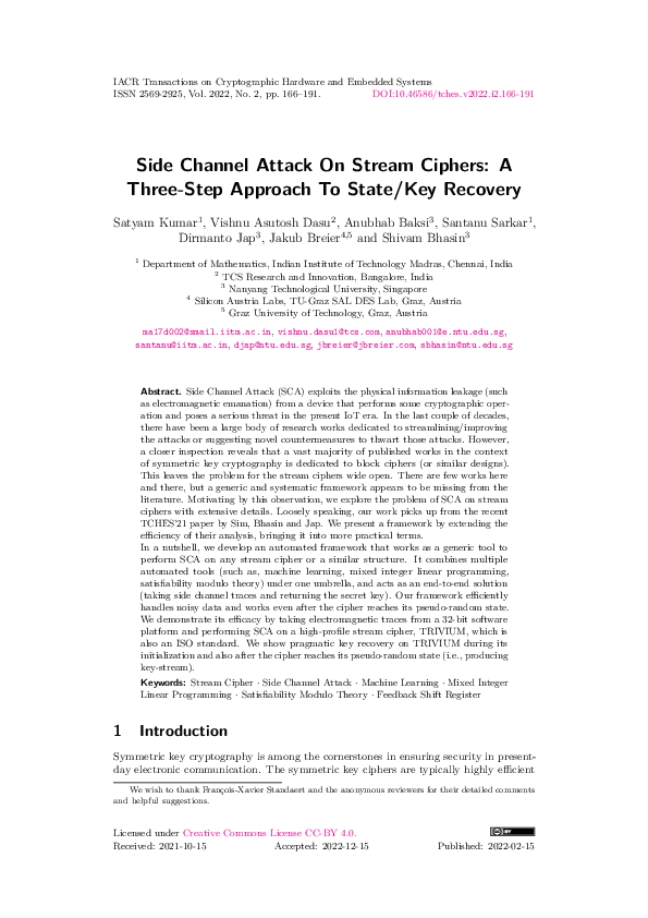 (PDF) Side Channel Attack On Stream Ciphers: A Three-Step Approach To State/Key Recovery