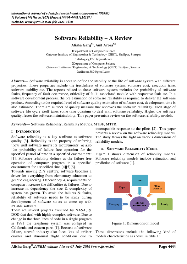 (PDF) Software Reliability – A Review