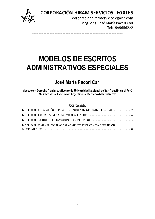 (PDF) MODELOS DE ESCRITOS ADMINISTRATIVOS ESPECIALES -AUTOR JOSÉ MARÍA PACORI CARI