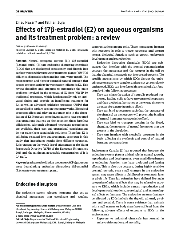(PDF) Effects of 17β-estradiol (E2) on aqueous organisms and its treatment problem: a review