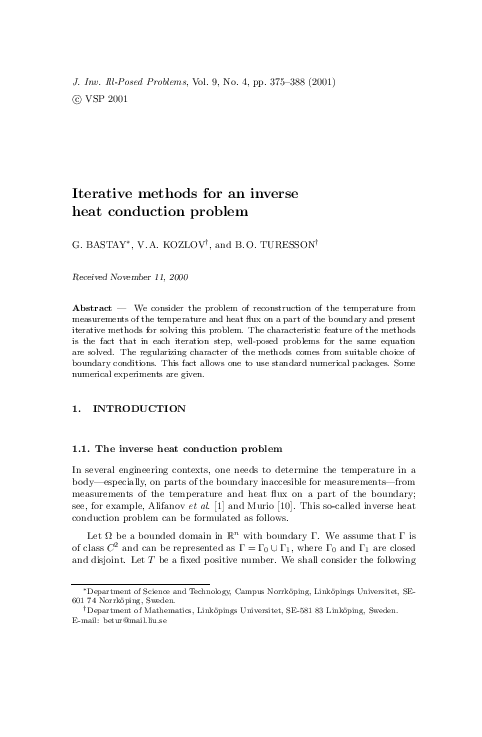 (PDF) Iterative methods for an inverse heat conduction problem