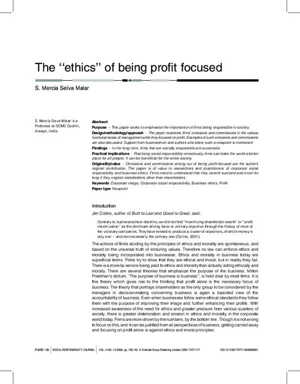 (PDF) The “ethics” of being profit focused