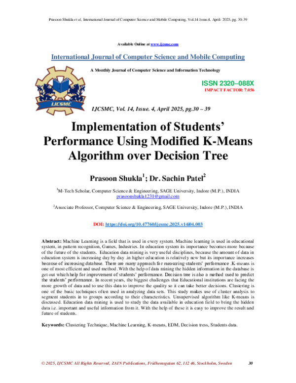 (PDF) Implementation of Students’ Performance Using Modified K-Means Algorithm over Decision Tree