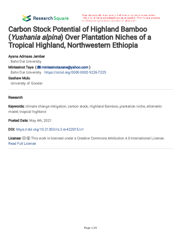 (PDF) Carbon Stock Potential of Highland Bamboo (Yushania alpina) Over ...