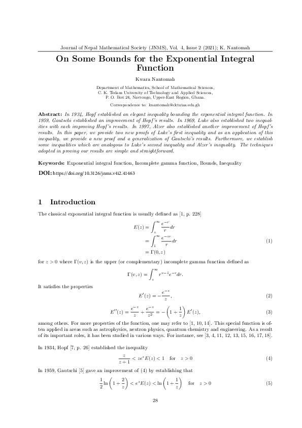 (PDF) On Some Bounds for the Exponential Integral Function