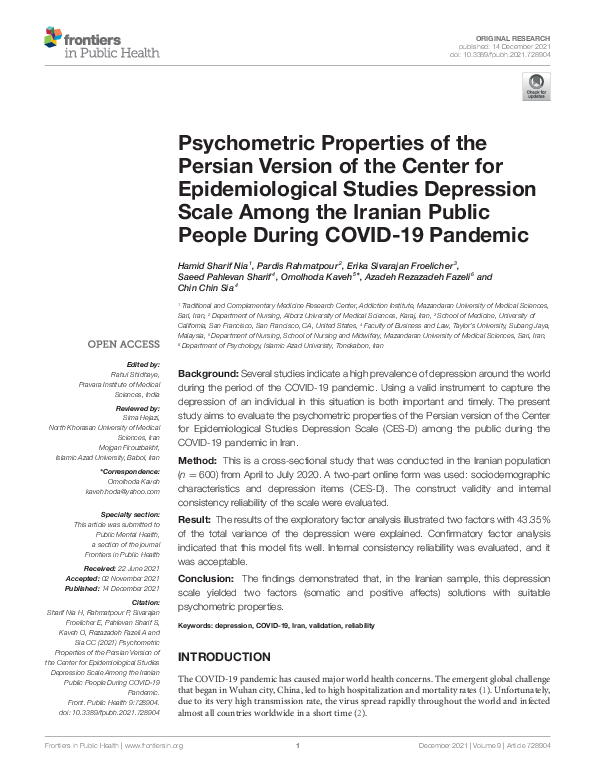 (PDF) Psychometric Properties of the Persian Version of the Center for Epidemiological Studies ...