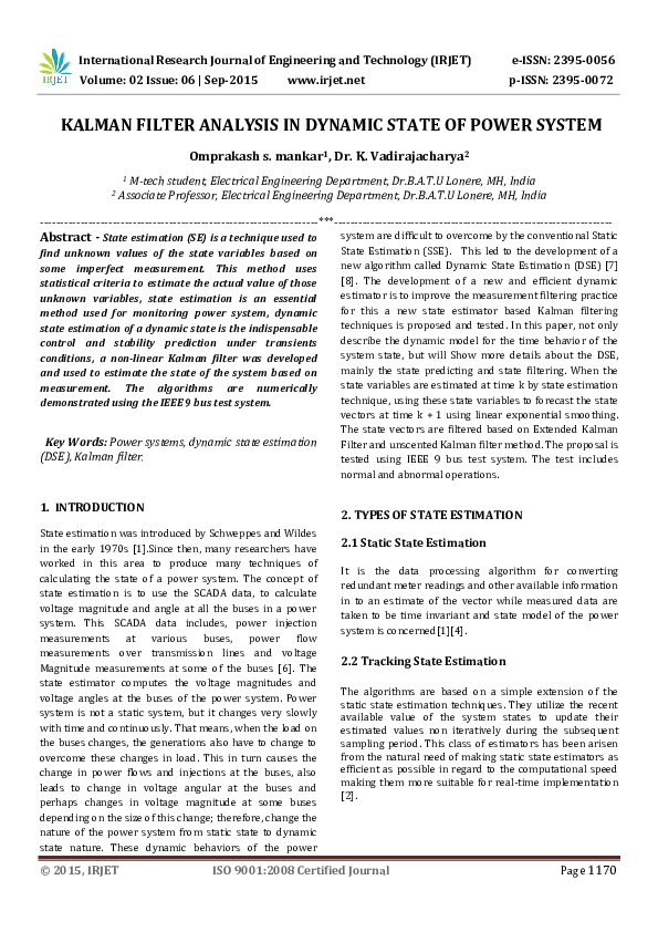 (PDF) Kalman Filter Analysis in Dynamic State of Power System