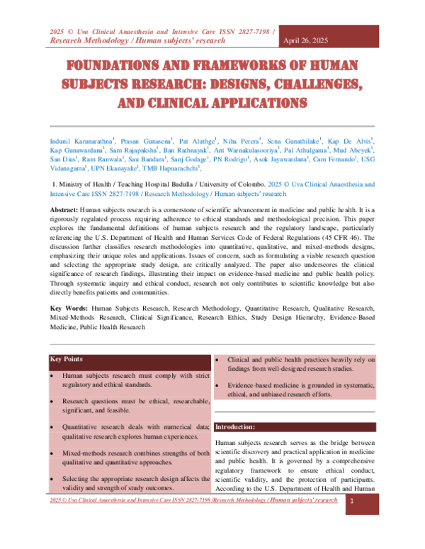 (PDF) Foundations and Frameworks of Human Subjects Research: Designs ...