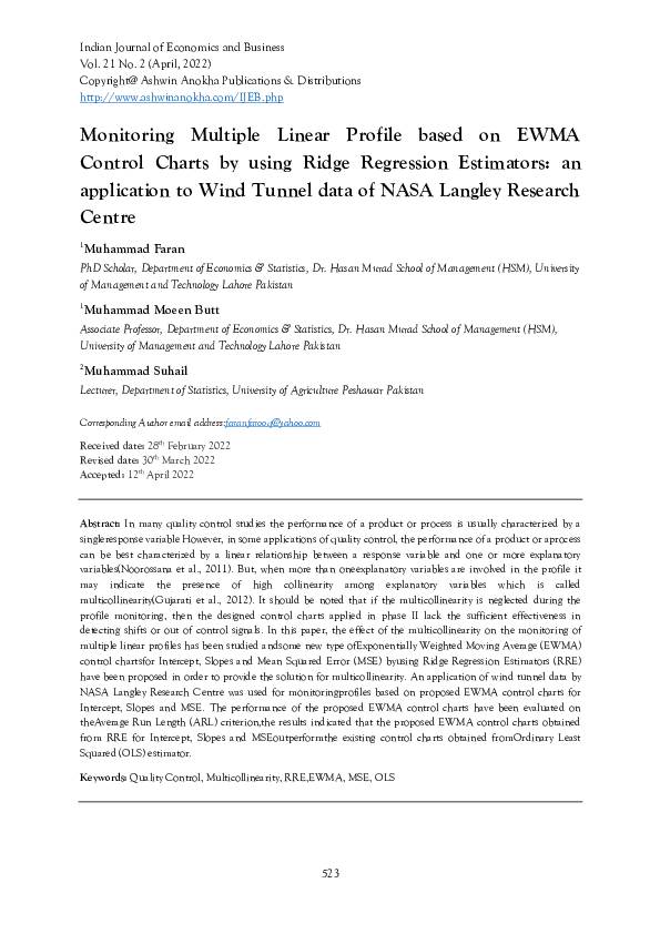 (PDF) Monitoring Multiple Linear Profile based on EWMA Control Charts by using Ridge Regression ...