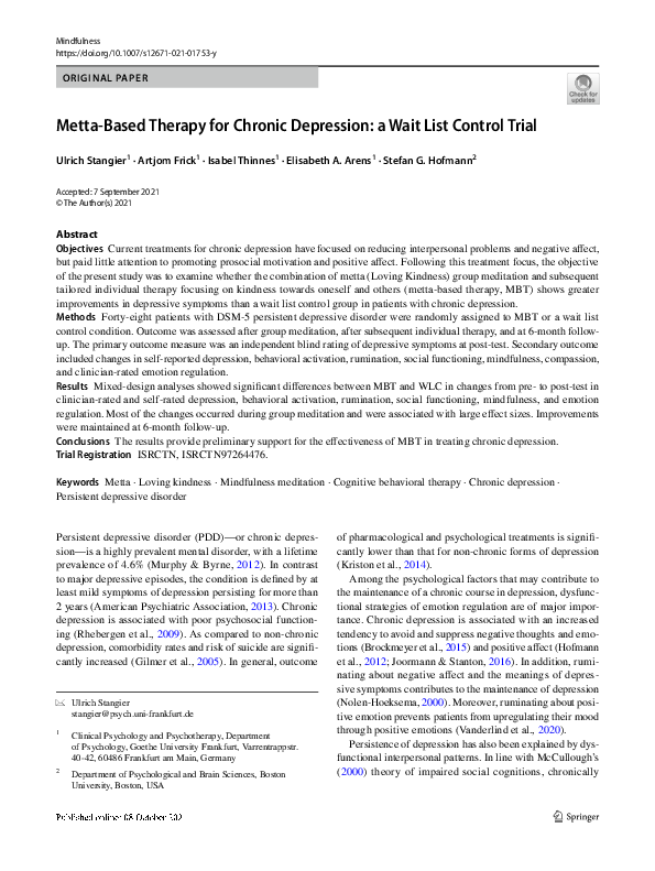 (PDF) Metta-Based Therapy for Chronic Depression: a Wait List Control Trial