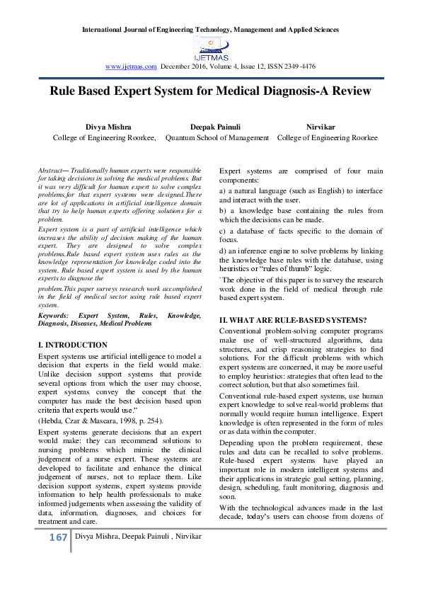 (PDF) Rule Based Expert System for Medical Diagnosis-A Review