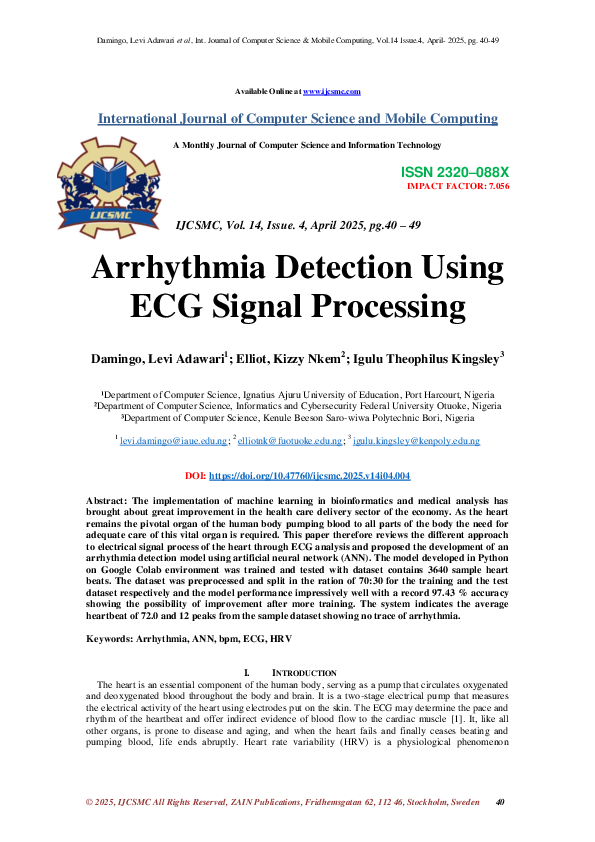 (PDF) Arrhythmia Detection Using ECG Signal Processing