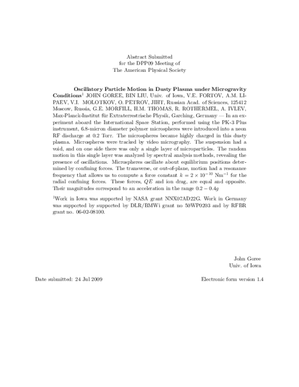 (PDF) Oscillatory Particle Motion in Dusty Plasma under Microgravity ...