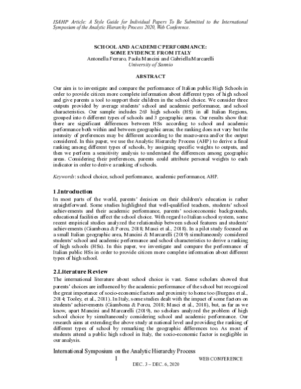 (PDF) School and Academic Performance: Some Evidence from Italy