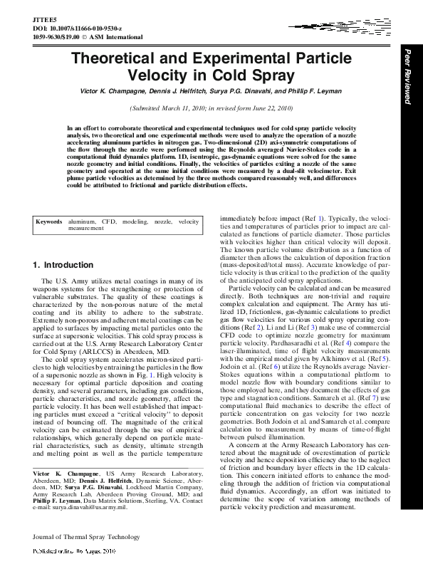(PDF) Theoretical and Experimental Particle Velocity in Cold Spray