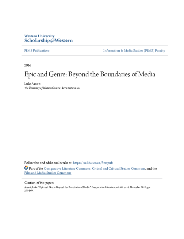 (PDF) Epic and Genre: Beyond the Boundaries of Media