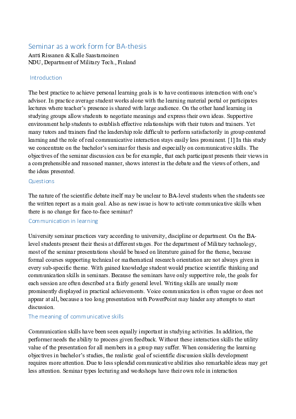 (PDF) Seminar as a work form for BA-thesis