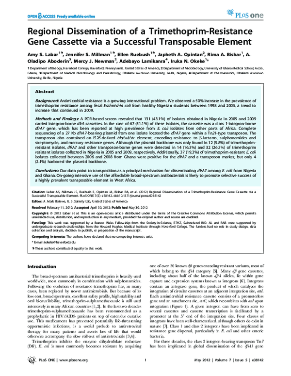 (PDF) Regional Dissemination of a Trimethoprim-Resistance Gene Cassette ...