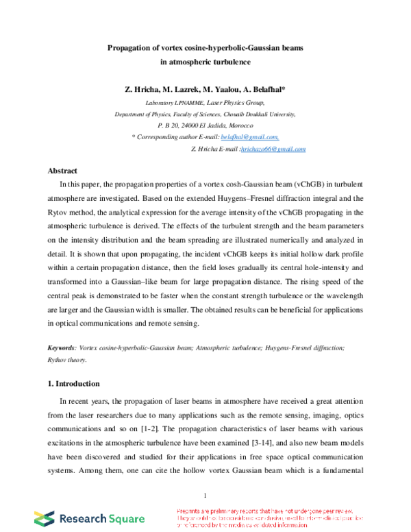 (PDF) Propagation of vortex cosine-hyperbolic-Gaussian beams in ...