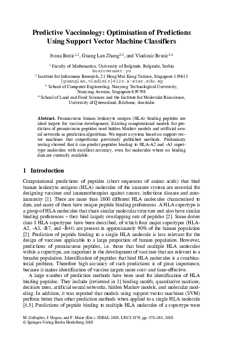 (PDF) Predictive Vaccinology: Optimisation of Predictions Using Support Vector Machine Classifiers