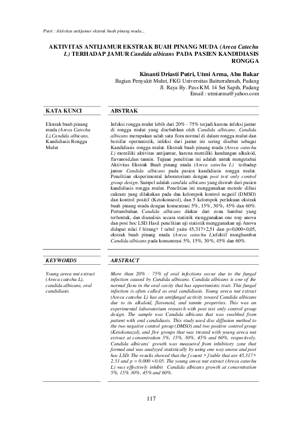 (PDF) AKTIVITAS ANTIJAMUR EKSTRAK BUAH PINANG MUDA (Areca Catechu L) TERHADAP JAMUR Candida ...