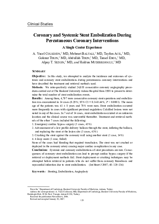 (PDF) Coronary and Systemic Stent Embolization During Percutaneous ...