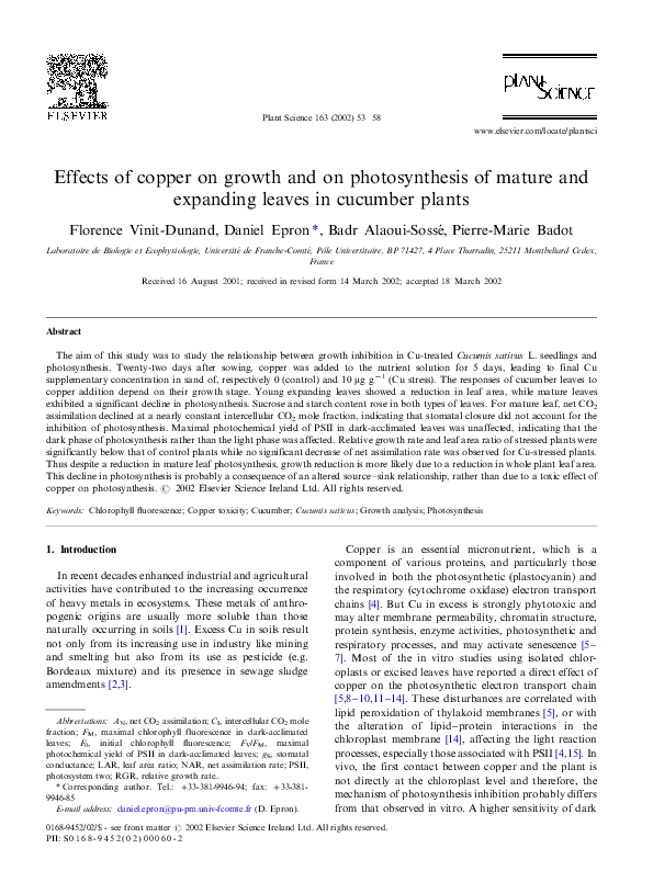 (PDF) Effects of copper on growth and on photosynthesis of mature and ...