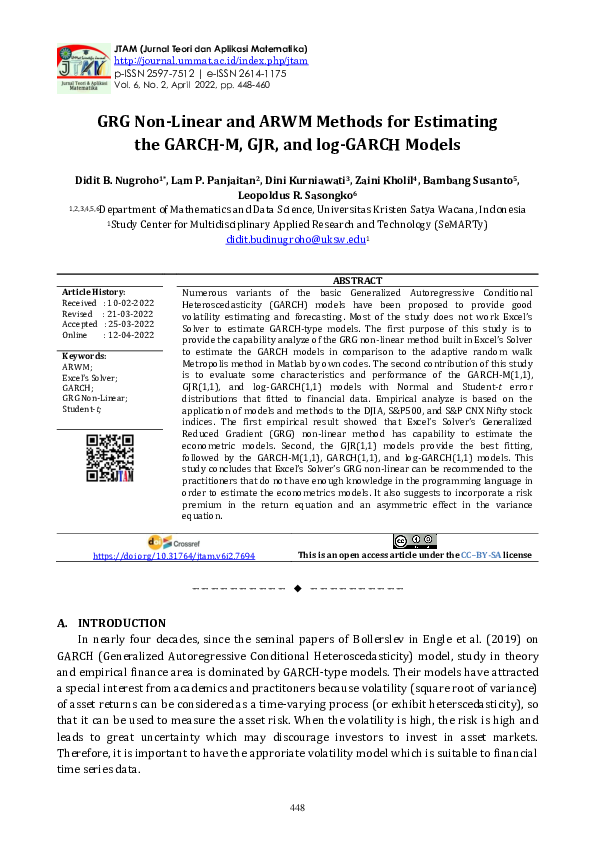 (PDF) GRG Non-Linear and ARWM Methods for Estimating the GARCH-M, GJR, and log-GARCH Models