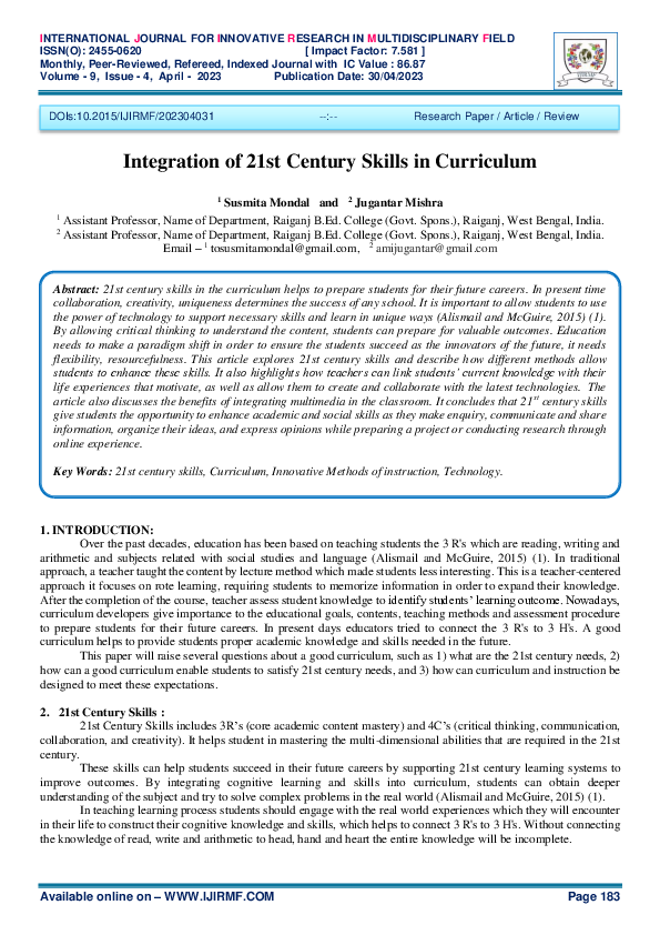 (PDF) Integration of 21st Century Skills in Curriculum