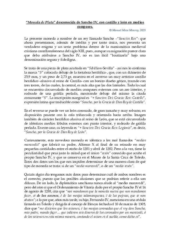 (PDF) "Moneda de Plata" desconocida de Sancho IV, con castillo y león ...