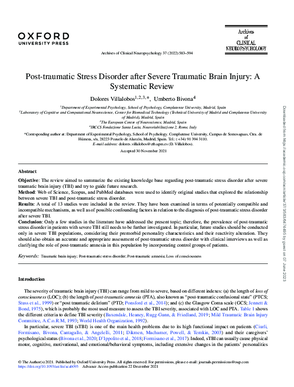 (PDF) Post-traumatic Stress Disorder after Severe Traumatic Brain Injury: A Systematic Review