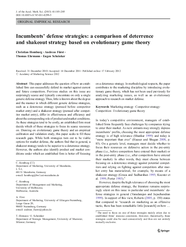 (PDF) Incumbents’ defense strategies: a comparison of deterrence and ...
